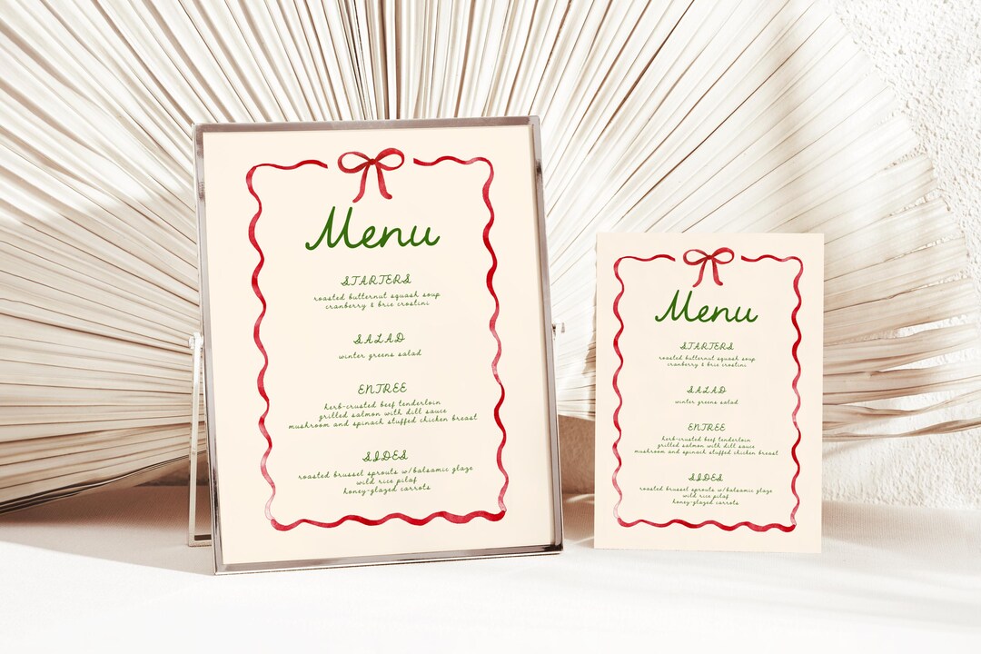 Editable Christmas Menu, Whimsical Red Ribbon Bow Holiday Party Sign ...