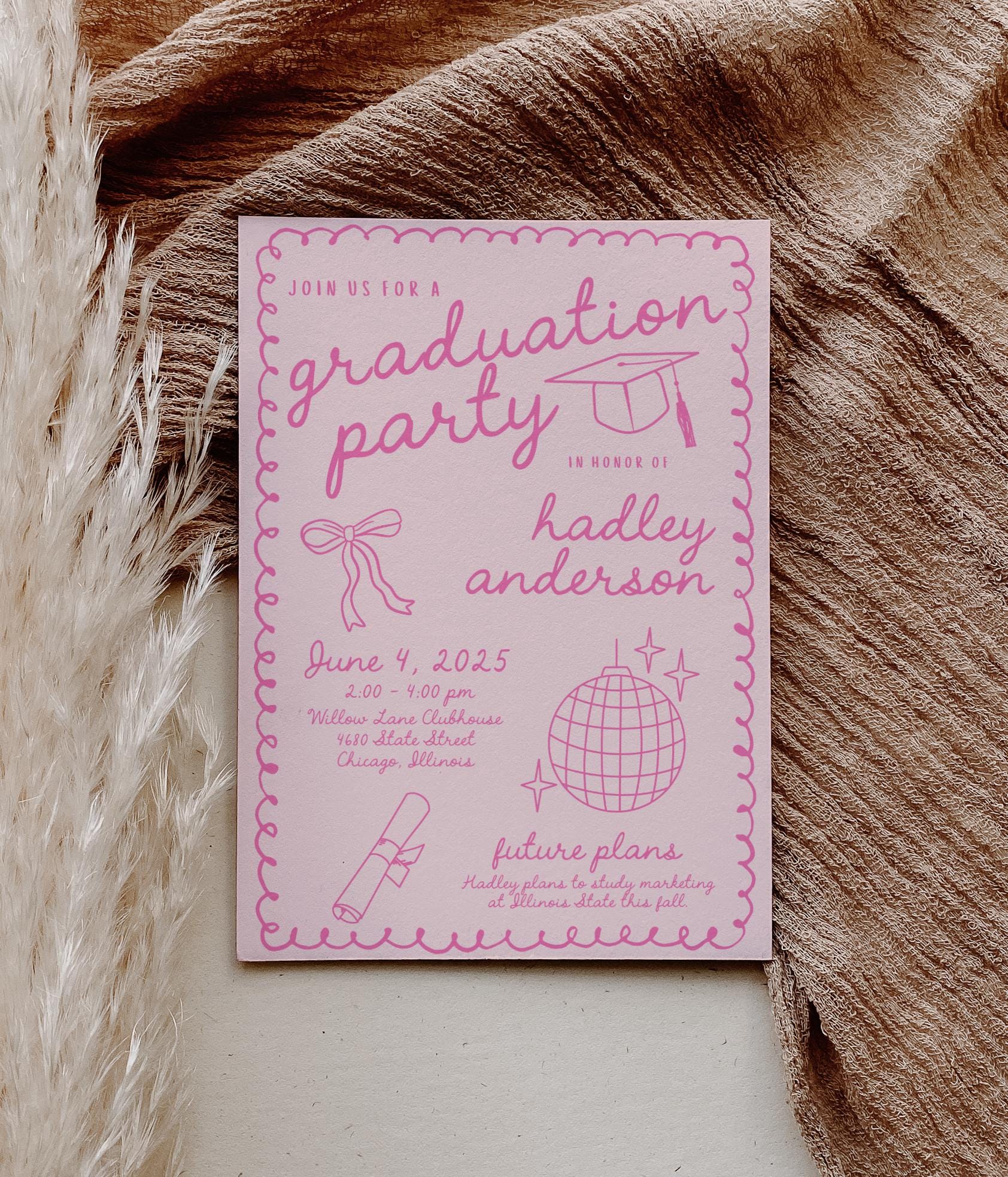 Pink Doodles Graduation Invitation, Hand Drawn Style Grad Invite, Canva ...