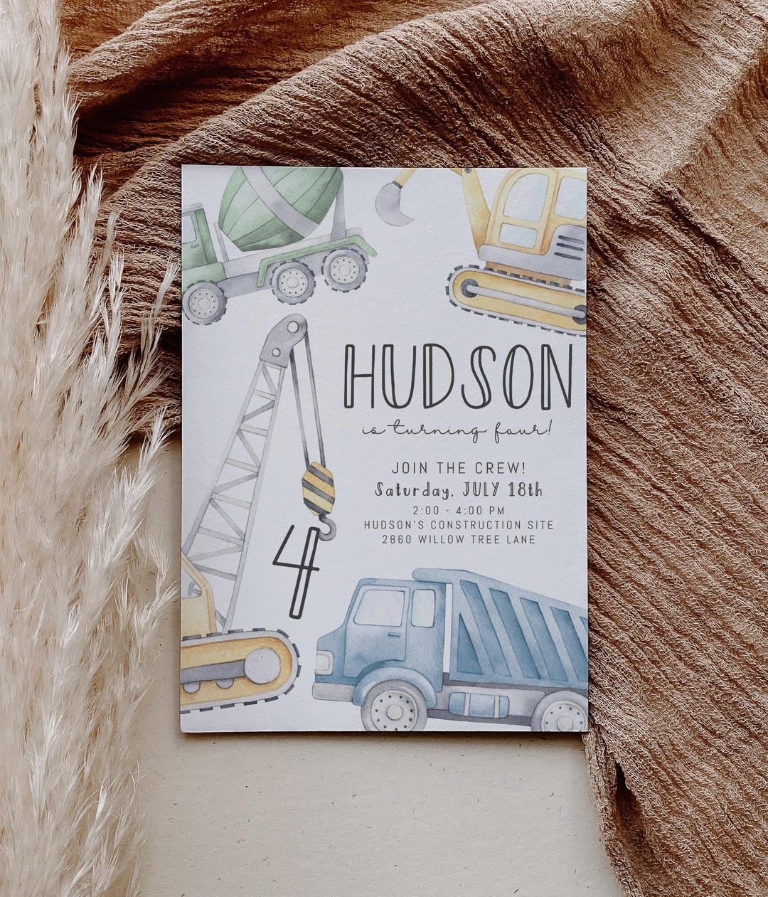 Modern Construction Birthday Party Invitation - Muted Blue, Green ...