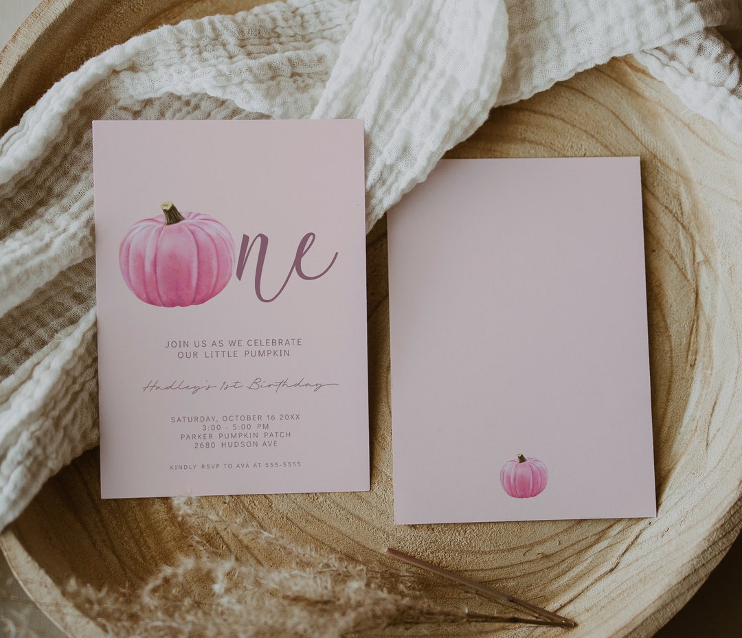 Pink Pumpkin 1st Birthday Invitation - Girl Pumpkin ONE - Girl First ...