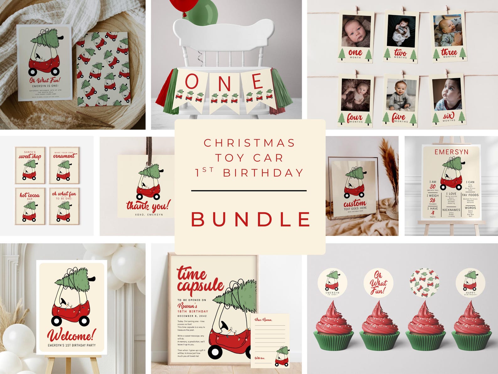First Birthday Christmas Invitation - Toy Car Christmas Tree - December ...