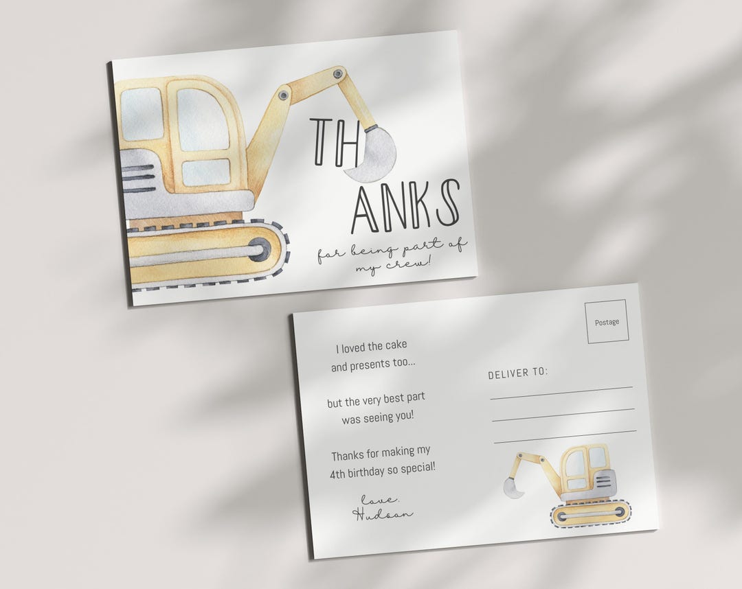 Construction Thank You Card - Construction Birthday Party Thank You ...