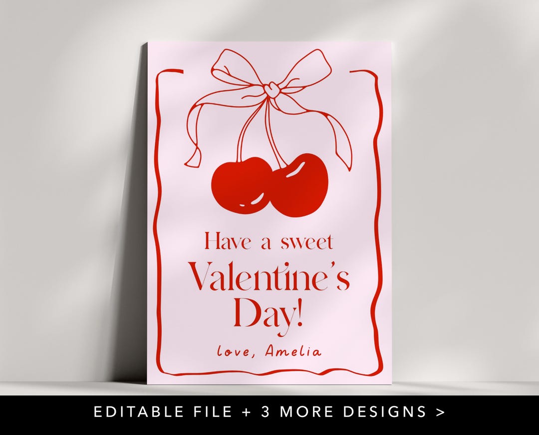 Cherry Valentine - Coquette Bow Valentine Card, Editable Template ...