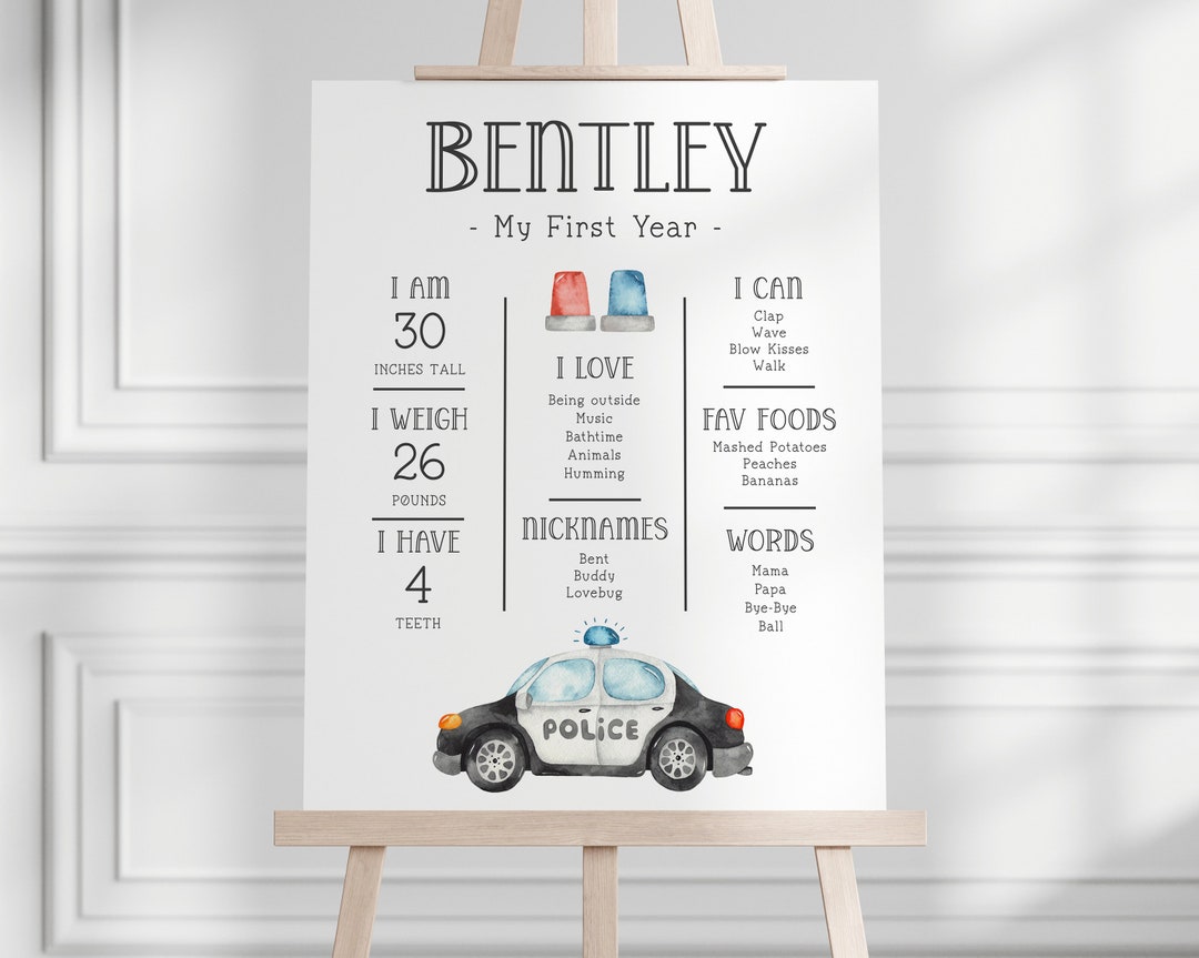 Police Party Stats Board - First Birthday Milestone Poster - Policeman ...