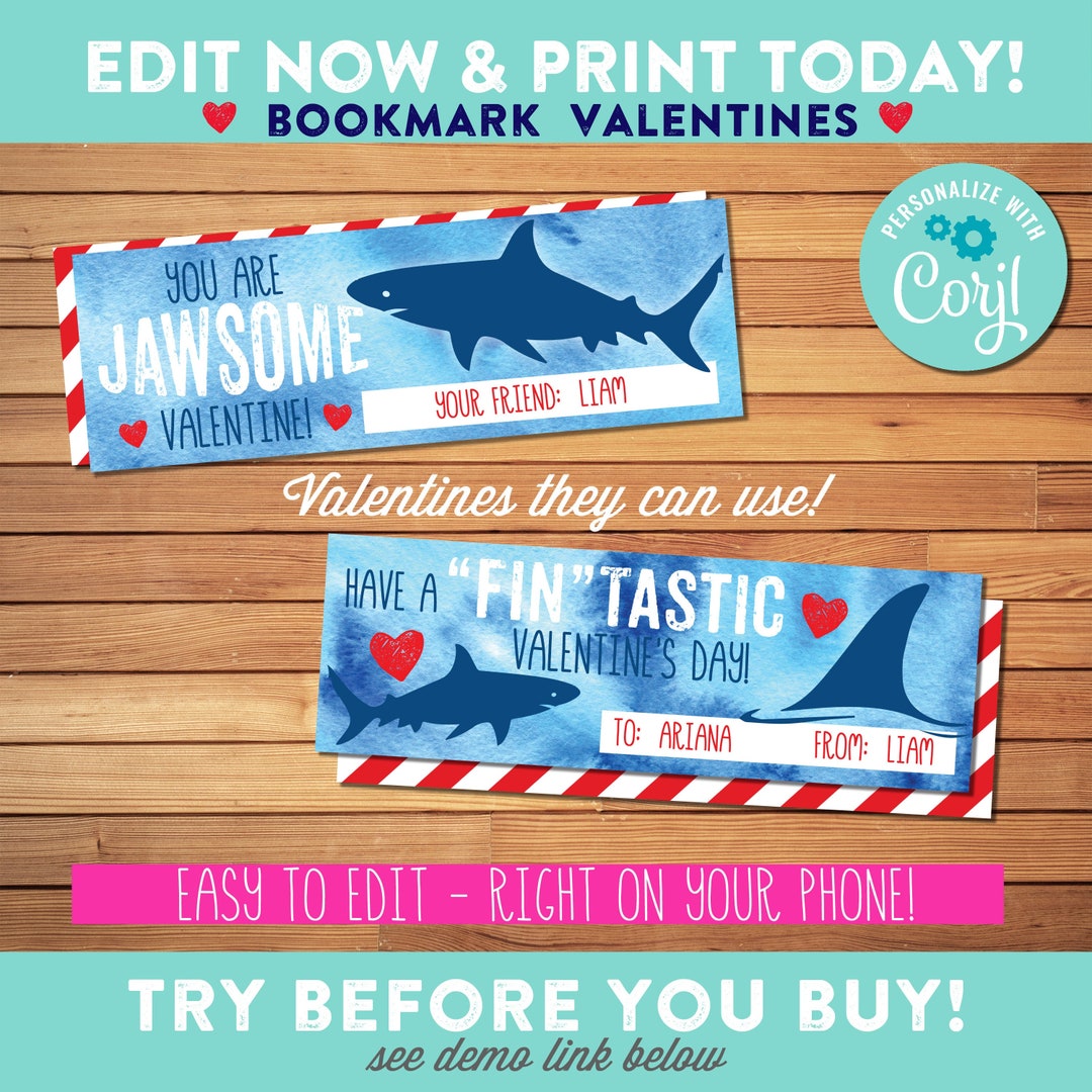 Shark Valentine Bookmarks - Editable - INSTANT DOWNLOAD - Jaws Kids ...