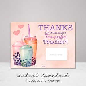 Teacher Appreciation - Boba Tea Gift Card Holder - Bubble Tea - Thank ...