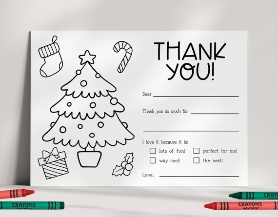Christmas Kids Thank You Card - Coloring - Printable - Fillable - Fill ...
