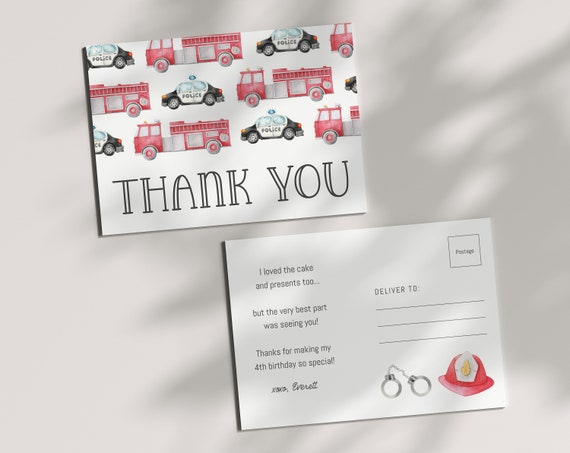 Editable Police and Firetruck Party Thank You Postcard - Policeman ...