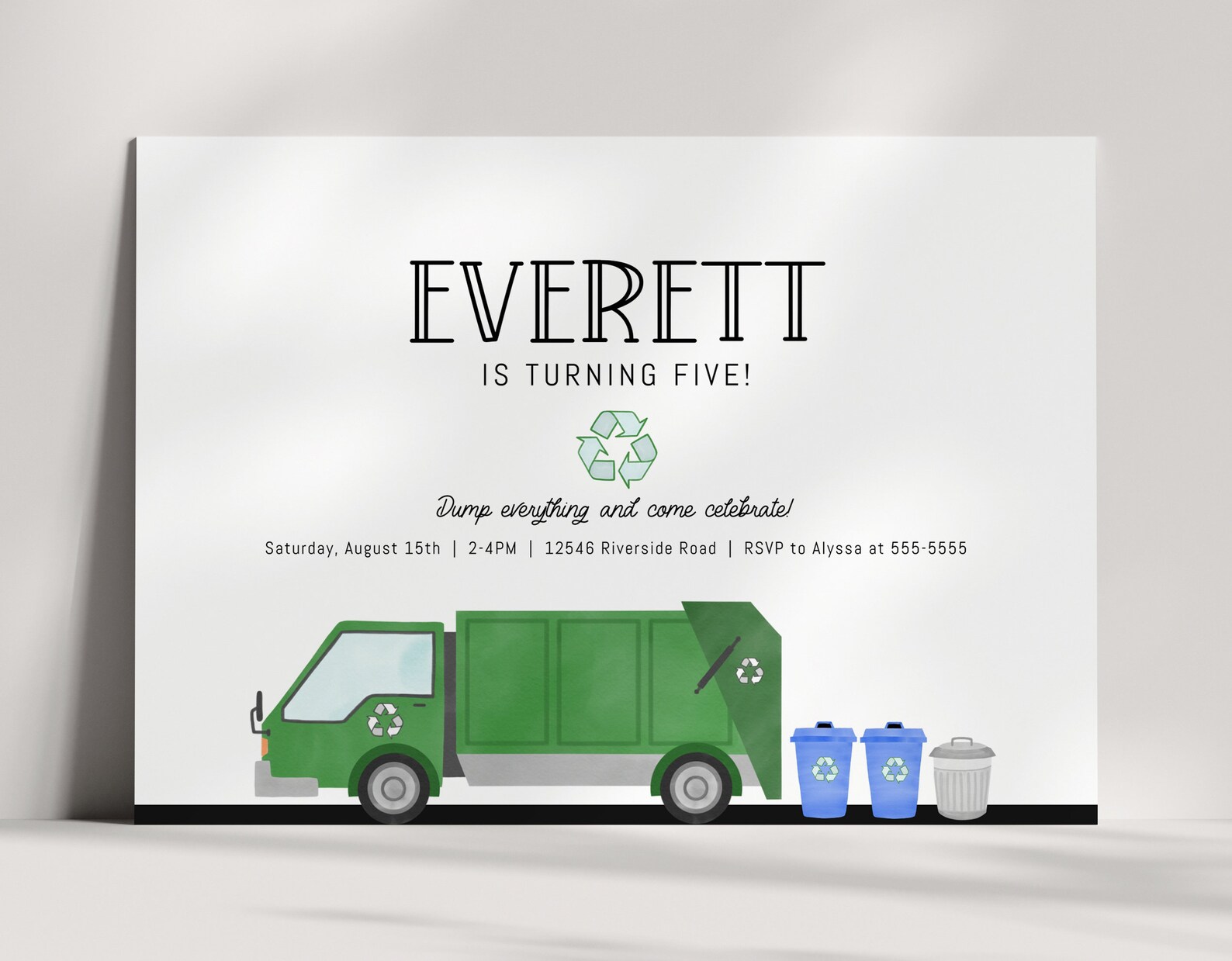 Garbage Truck Birthday Invitation - Recycling Truck Party - Trash Truck ...