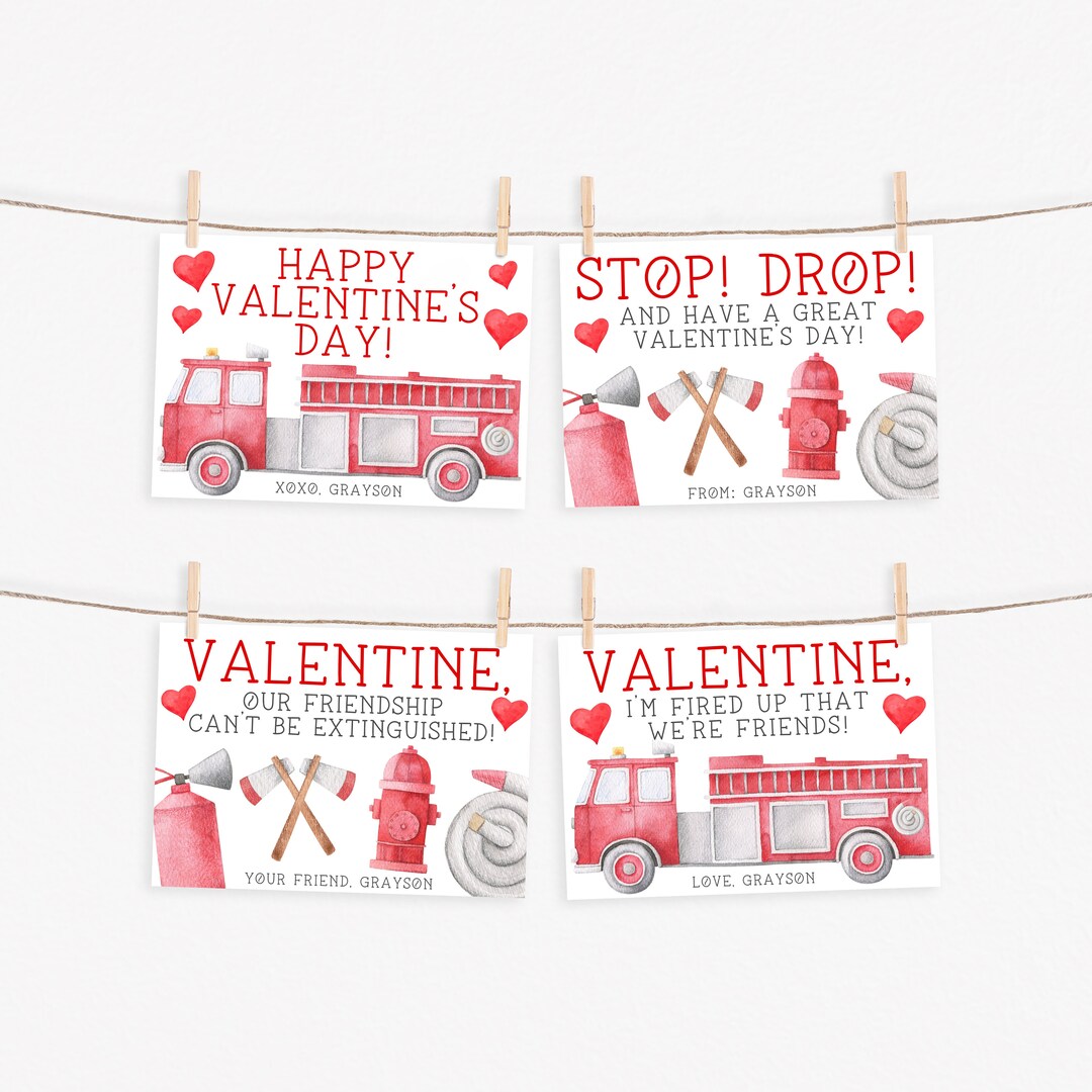 Firetruck Valentine Cards - PRINTABLE - Firefighter - Fireman - Fire ...