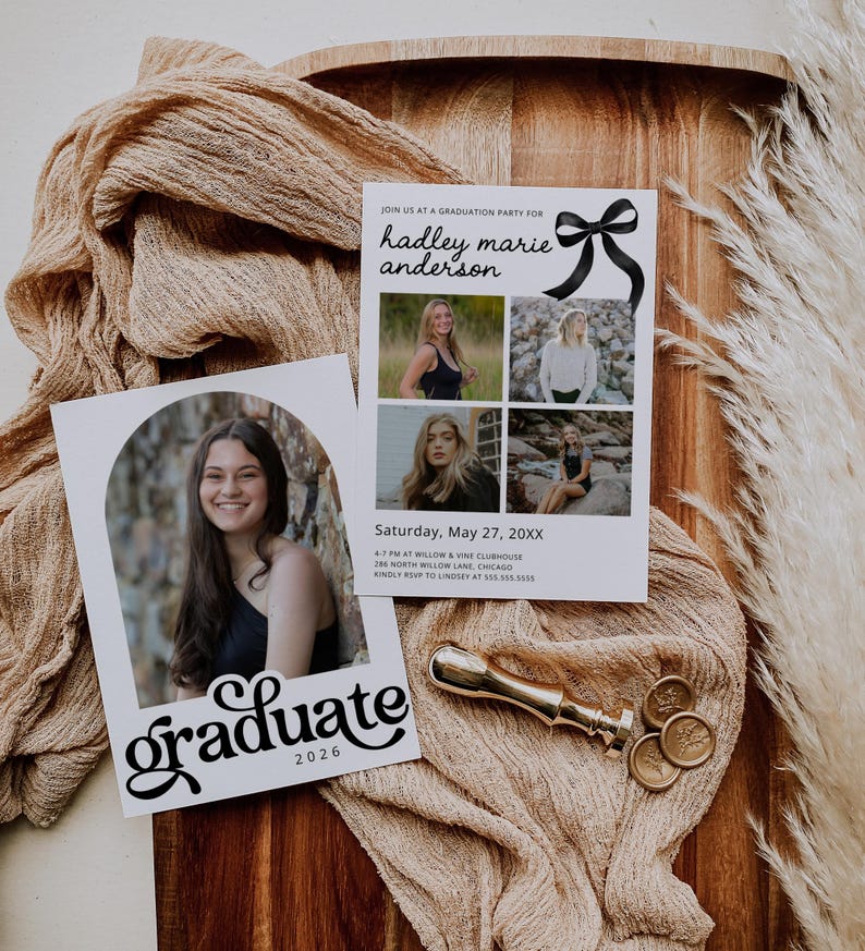 Black Bow Graduation Invitation, Canva Template, Editable Girl Grad ...