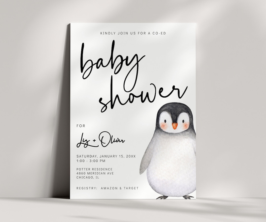 Penguin Baby Shower Invitation - Winter Baby Shower Invite - Minimalist ...