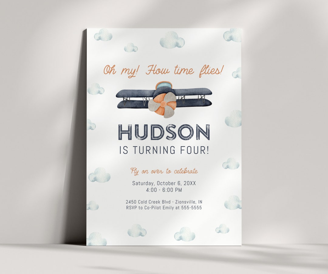 Time Flies Airplane Birthday Invitation - Vintage Biplane Party Invite ...
