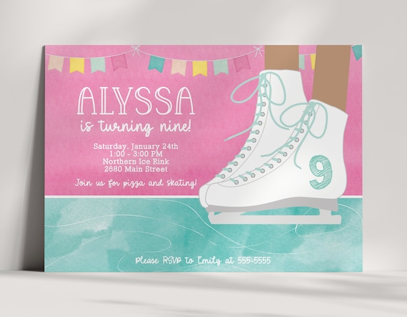 Ice Skating Party Invitation - Birthday Invite - Watercolor - Pink ...