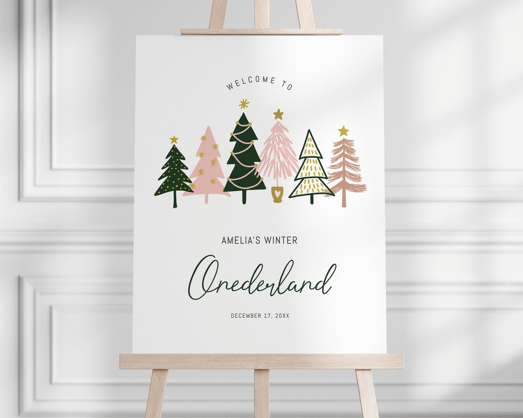 Winter Onederland Party Sign, White Minimalist, Pink Green Trees, Girl ...