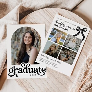 Black Bow Graduation Invitation, Canva Template, Editable Girl Grad ...