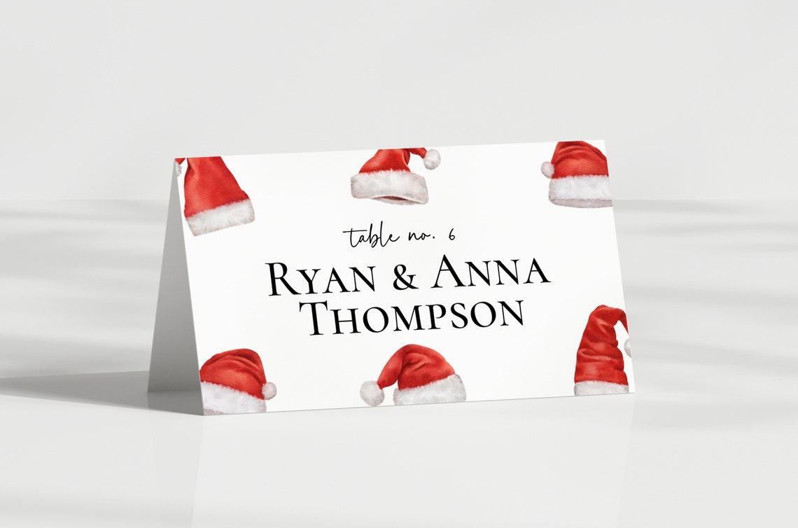 Holiday Place Cards, Santa Hat Food Tent Cards, Santa Baby Shower ...