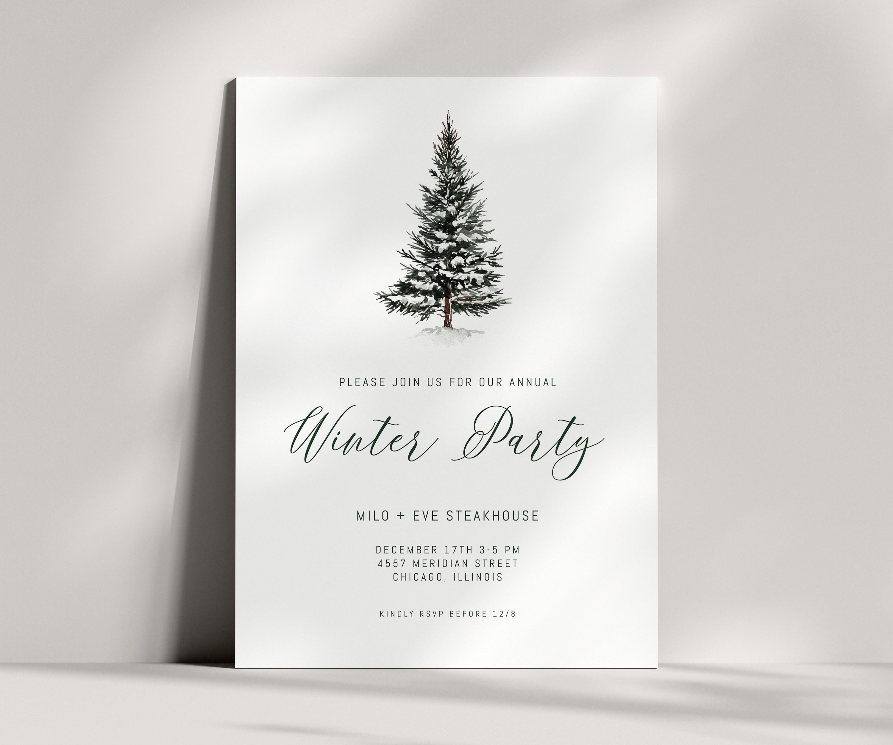 Editable Winter Tree Christmas Party Invitation, Watercolor, Holiday ...