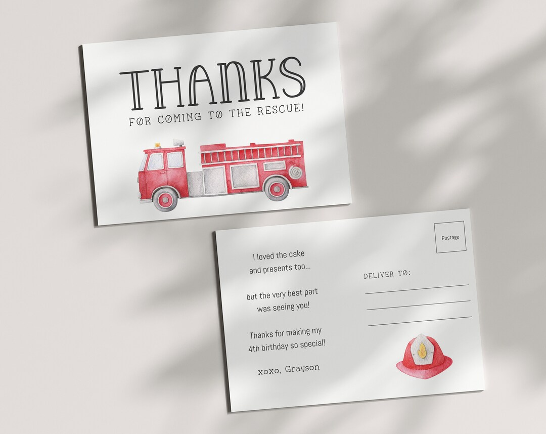 Firetruck Thank You Postcard Fireman Birthday Party Thank You Card 4x6 ...