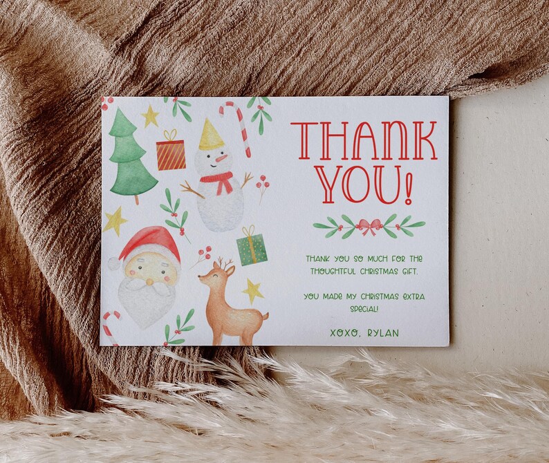 Editable Kids Christmas Thank You Card, Personalized Thank You Note ...