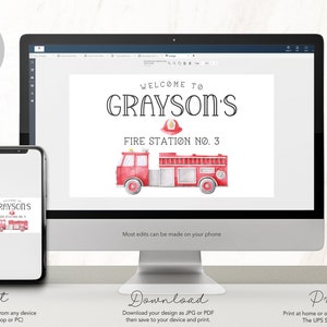 Firetruck Party Banner - Digital File - YOU EDIT and PRINT - Backdrop ...