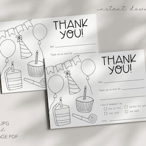Kids Birthday Thank You Card - Coloring - Printable - Fillable - Fill ...