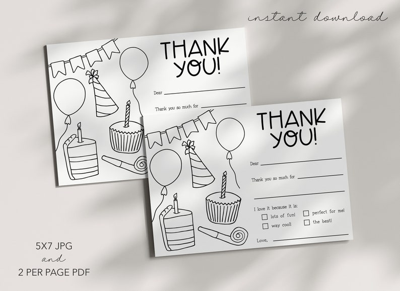 Kids Birthday Thank You Card Coloring Printable Fillable - Etsy
