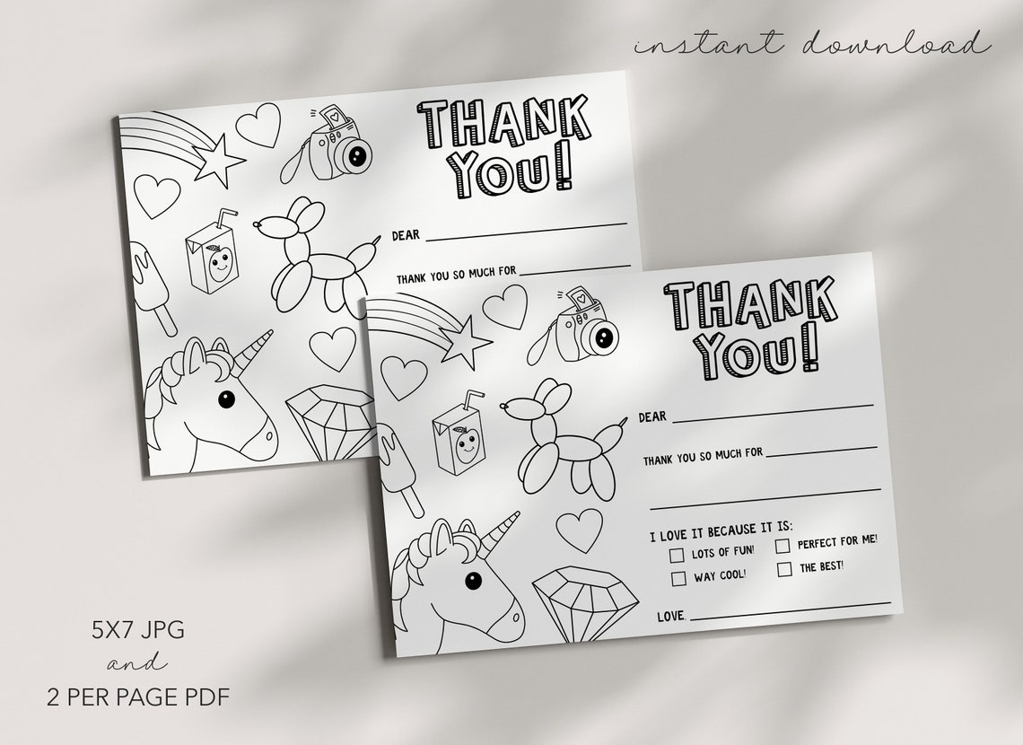 Girl Birthday Thank You Card Coloring Printable Fillable - Etsy