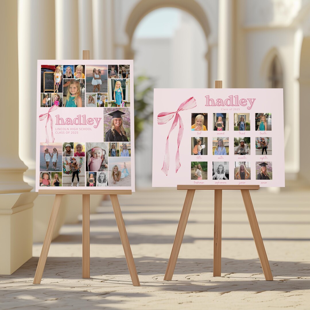Pink Bow Graduation Photo Sign Set, Aesthetic Grad Party Decor, School ...