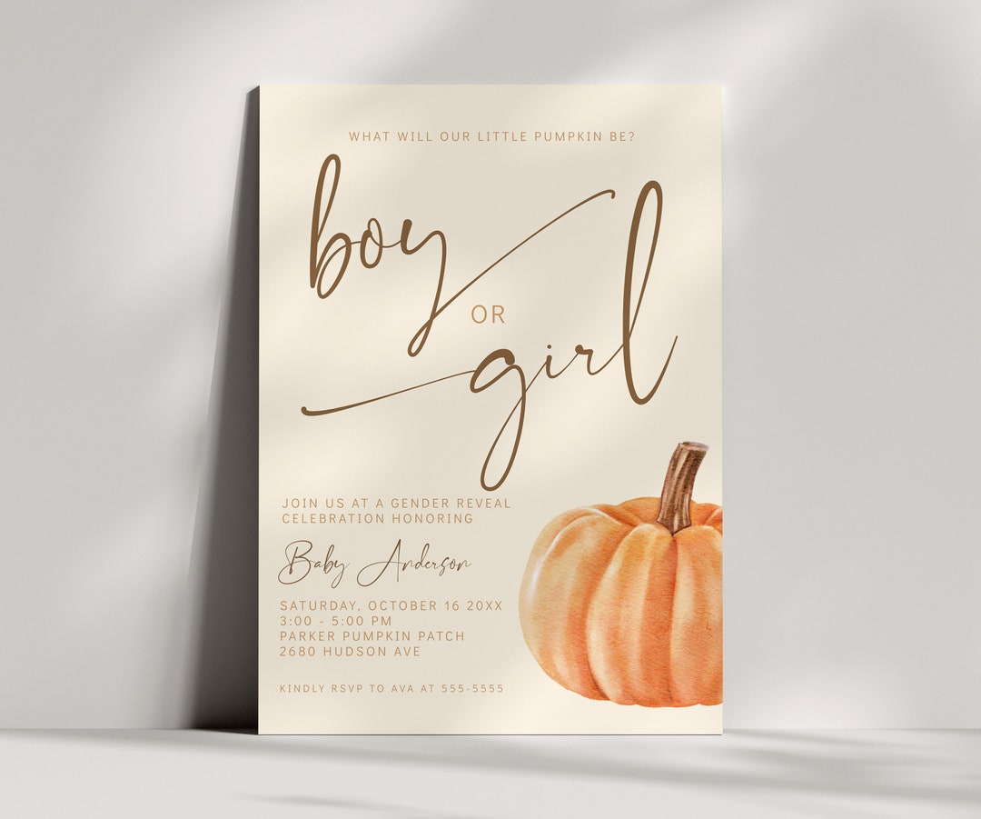 Pumpkin Gender Reveal Invitation Our Little Pumpkin Minimalist 1555