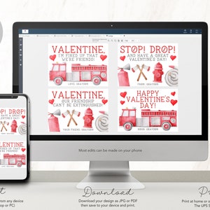 Firetruck Valentine Cards - PRINTABLE - Firefighter - Fireman - Fire ...