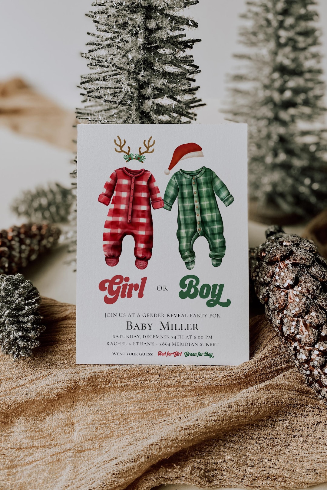 Christmas Gender Reveal Invitation - Pjs - Holiday Boy or Girl, Red and ...