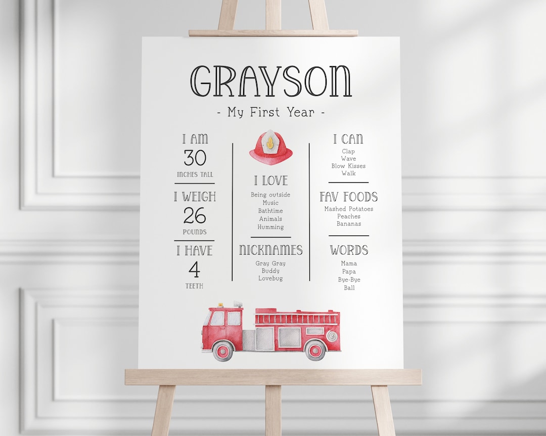 Firetruck Stats Board - First Birthday Milestone Poster - Firefighter ...