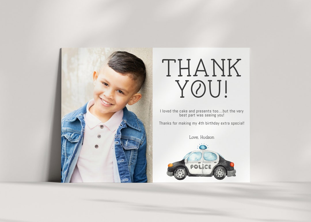 Policeman Thank You Card With Photo - Police Car Birthday Party Thank ...