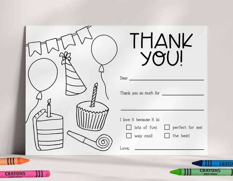 Kids Birthday Thank You Card Coloring Printable Fillable - Etsy