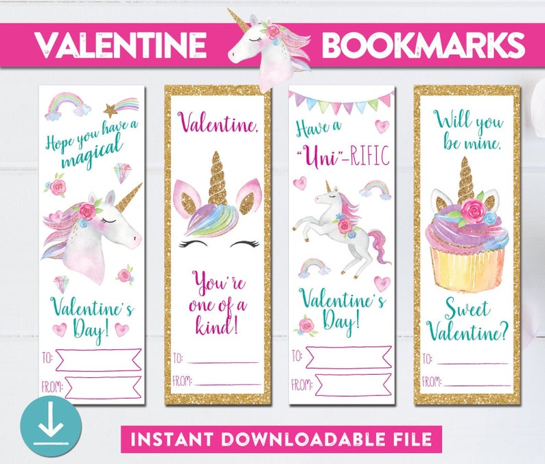 Unicorn Valentine Bookmarks - PRINTABLE - Unicorn Valentines - Girl ...