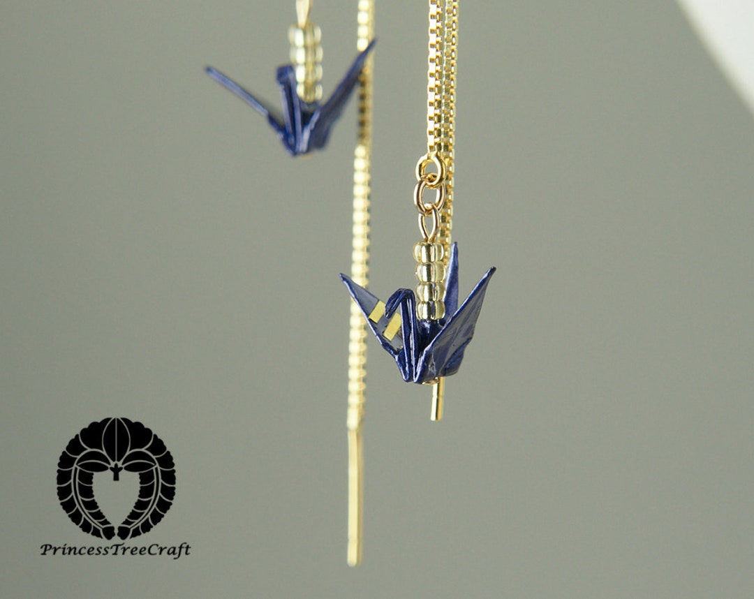 Thread Earrings, Tiny Origami Crane Thread Earrings - Navy Blue - Etsy