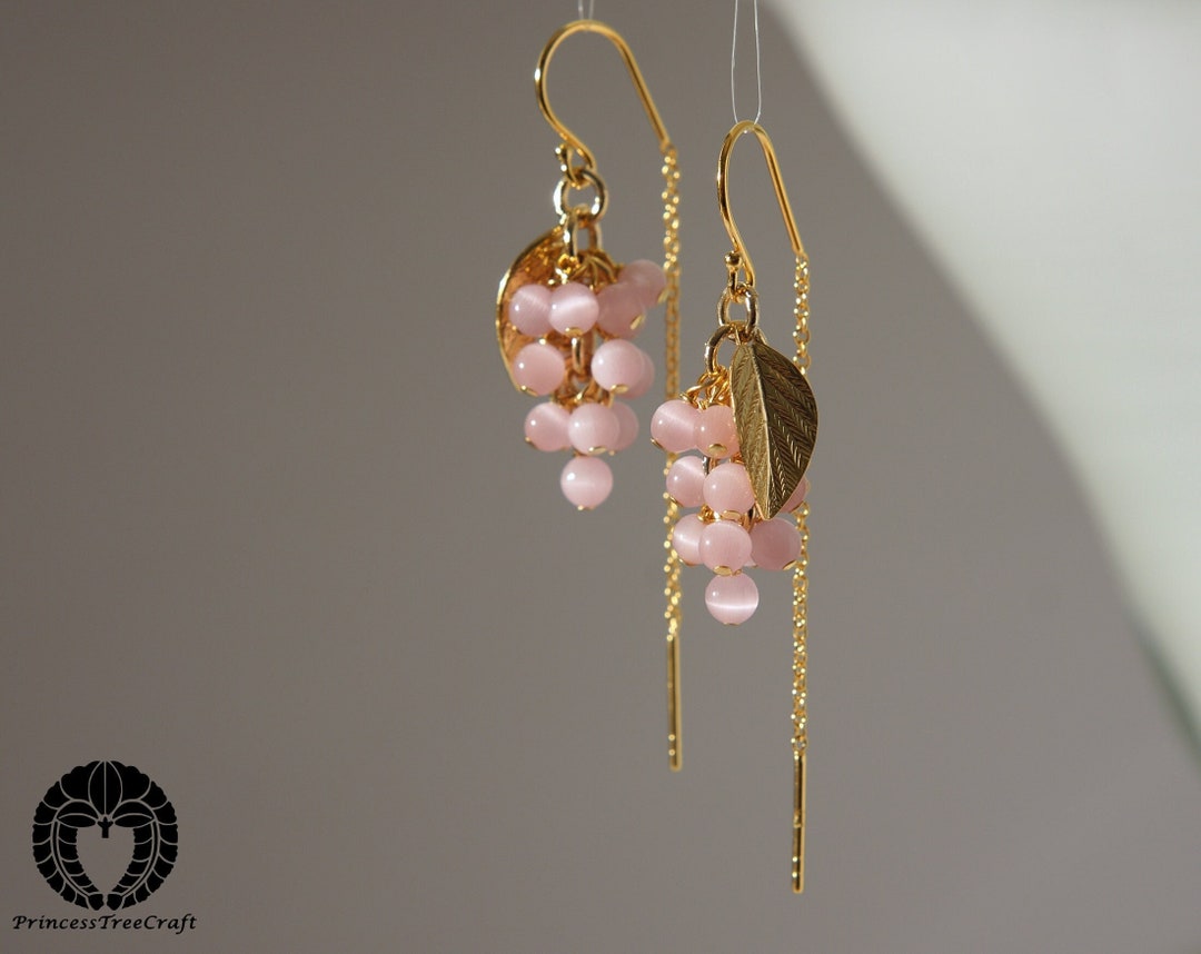 Pink Cats Eye Opal Grapes Half Threader Earrings With 18K Gold on 925 ...