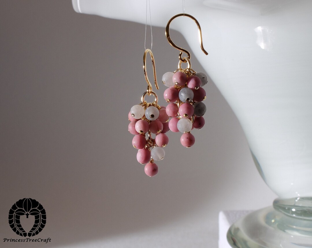 Frosted Inca Rose rhodochrosite and Gray Agate Grapes Earrings With 24K ...