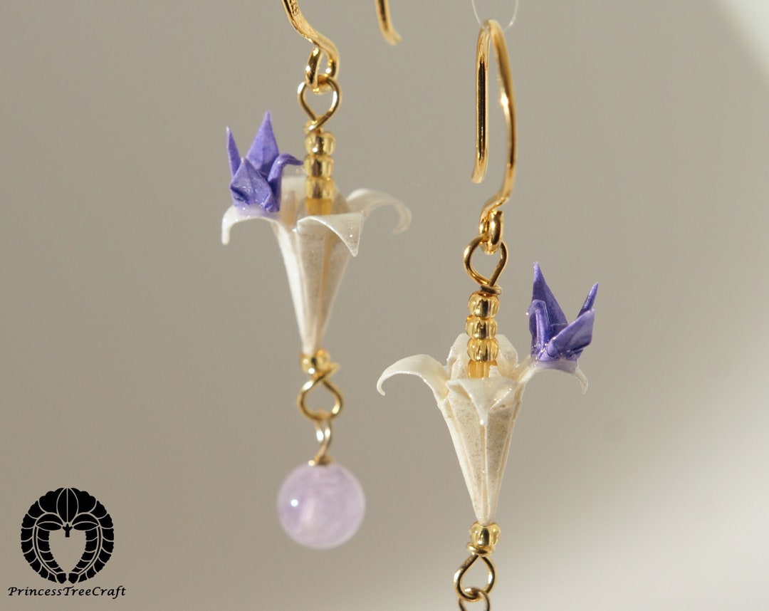 Micro Lavender Purple Origami Cranes on White Lilies Earrings With ...