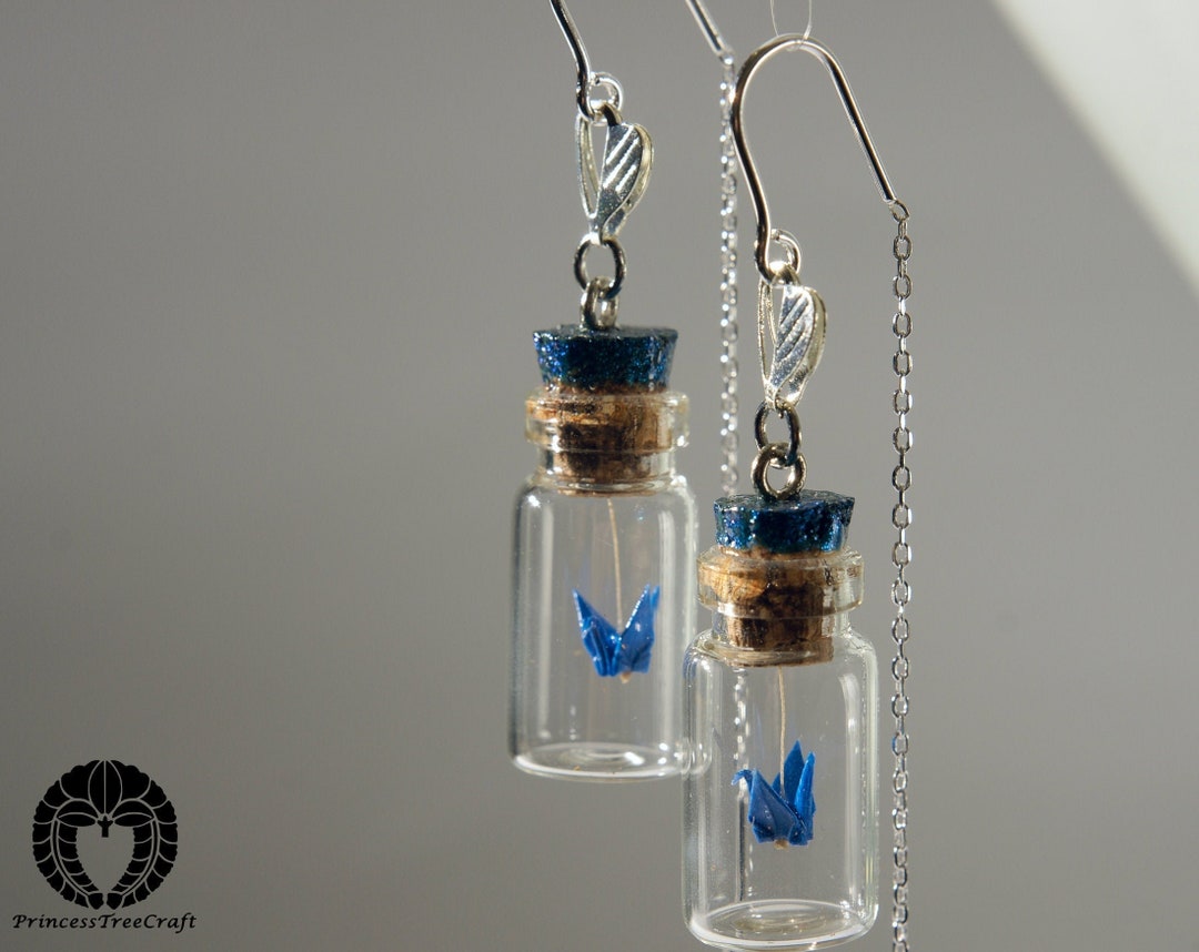Micro Origami Crane Mobile in Bottle Earrings Blue Crane - Etsy