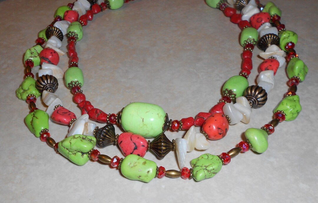 Red White and Green Turquoise Howlite With Crystal Beadsstatement ...