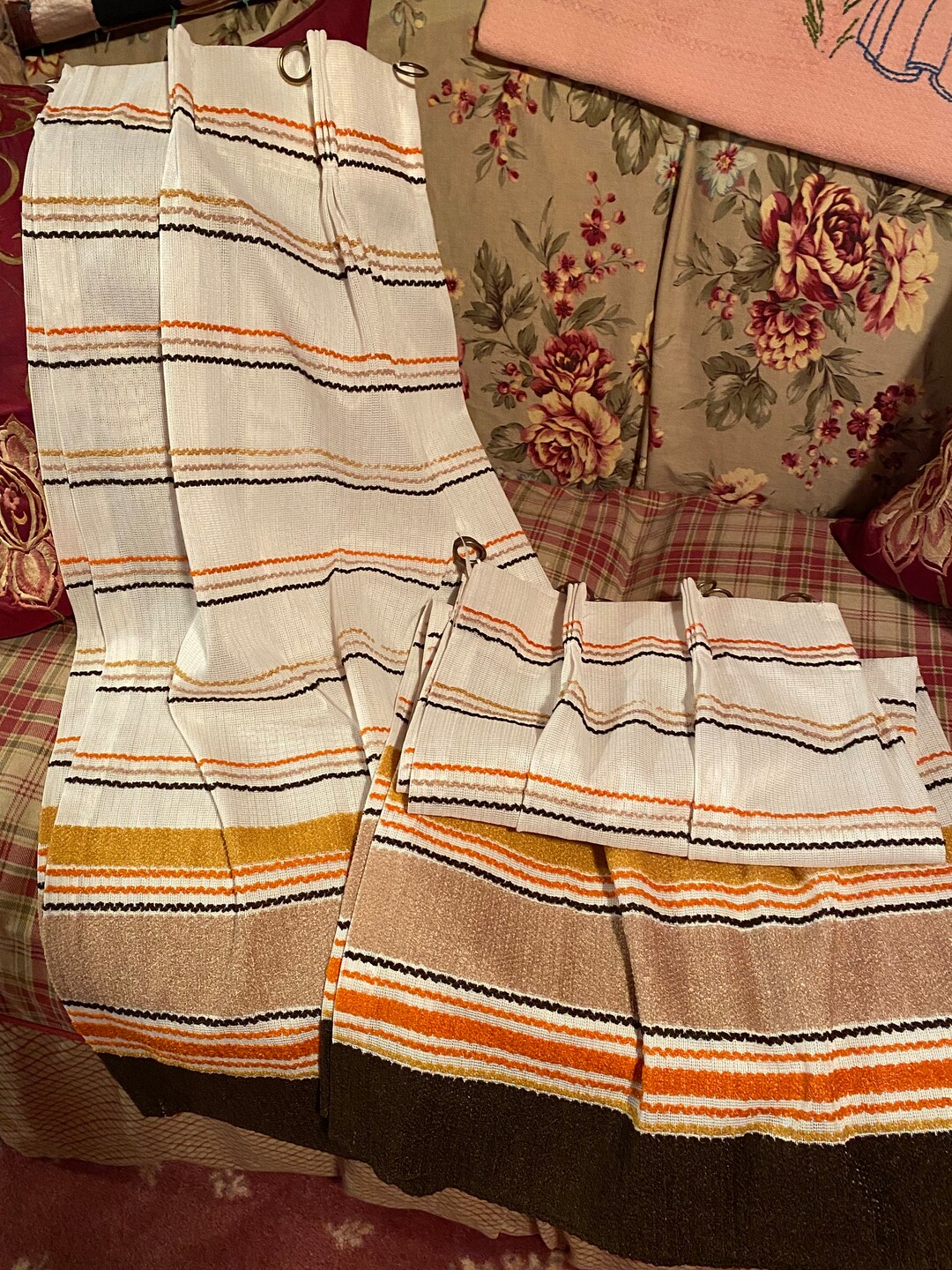 Vintage Flocked Striped Woven Curtain Panels One Pair - Etsy