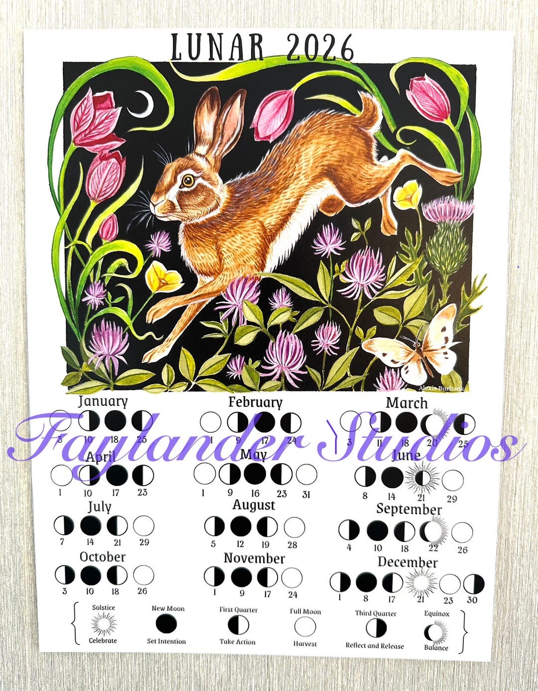 2026 Lunar Calander Rabbit Fine Art Print Tracking the Phases of the ...