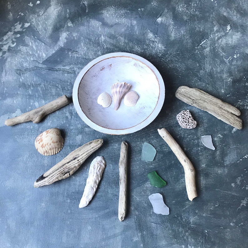 Beach Finds Driftwood Shells Sea Glass in Wooden Bowl A Walk - Etsy