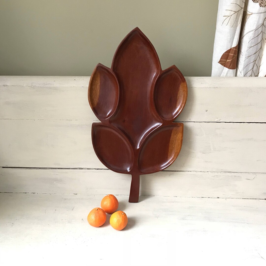 Wooden Leaf Tray, Rustic Modern Wood Platter, Vintage Tropical Fruit ...