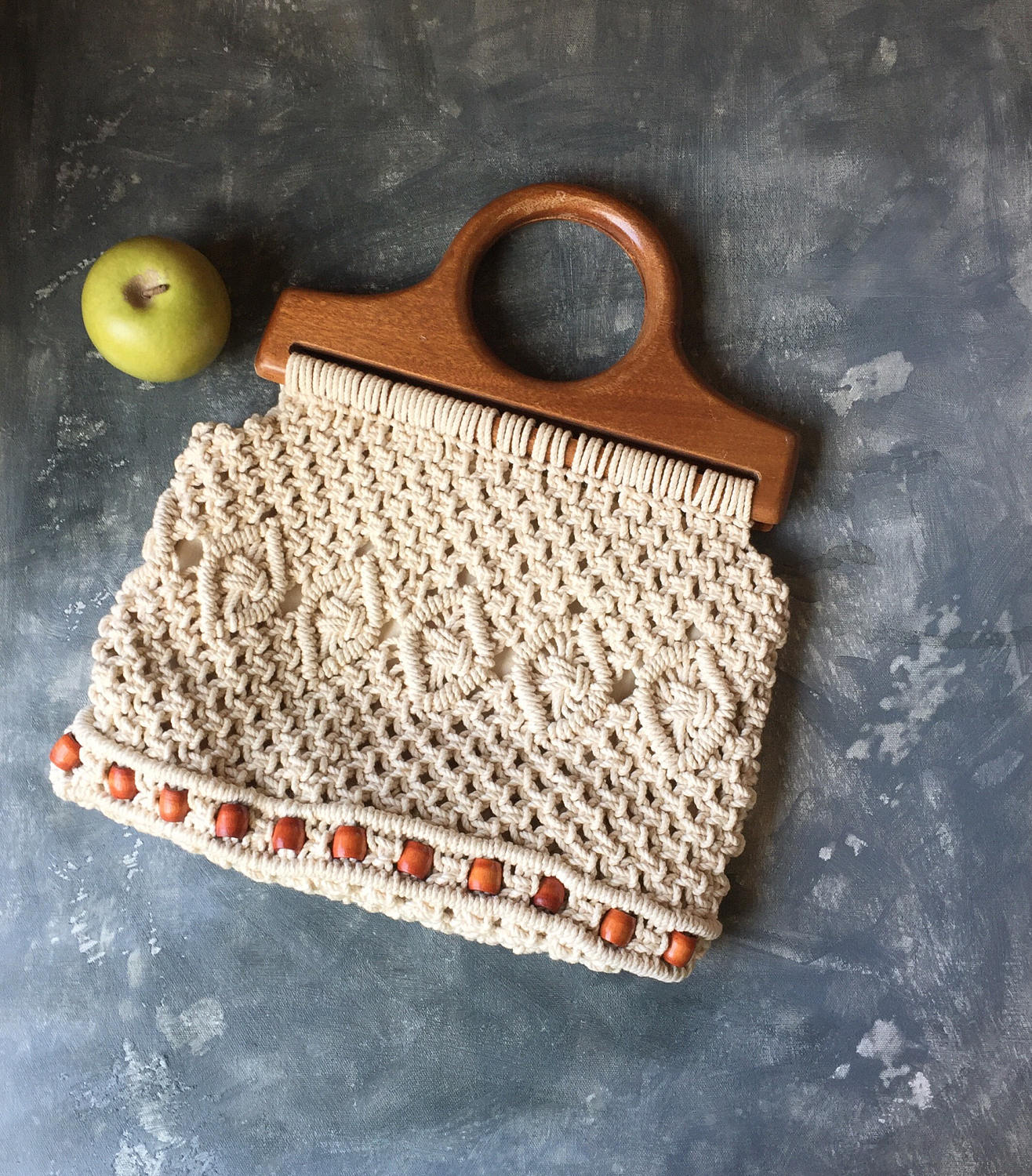 Macrame Purse 1970s Vintage Macrame Tote With Wood Handles | Etsy