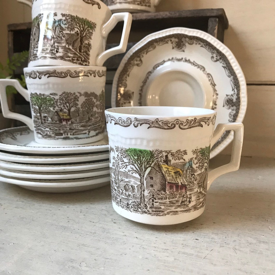 Vintage Brown Transferware Set of 6 Ironstone Cups and - Etsy
