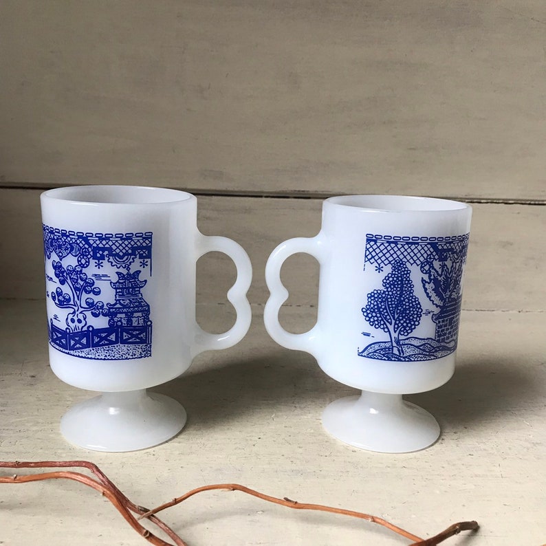 Blue Willow Milk Glass Mugs Two Finger Grip Stacking Mugs - Etsy
