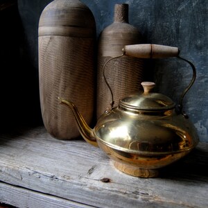 Brass Tea Pot, Vintage Rustic Brass Tea Kettle, Wood Handle Teapot ...